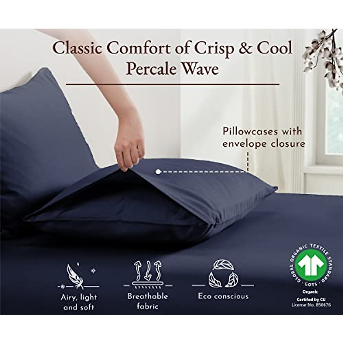 California Design Den Luxury Cotton Sheets for Queen Size Bed, GOTS Certified - Percale Sheets Queen - Soft Cooling Sheets - Deep Pockets - 4 Pc Organic Cotton Queen Size Sheet Set, Navy Blue Sheets