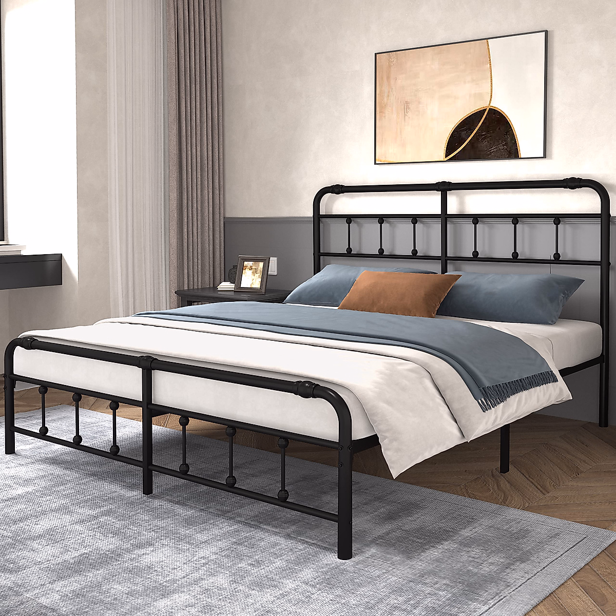 Yalemoll King-Size-Bed-Frame and-Headboard - 15 Inch High Metal Platform,No Box Spring Needed,Easy Assembly(Black)