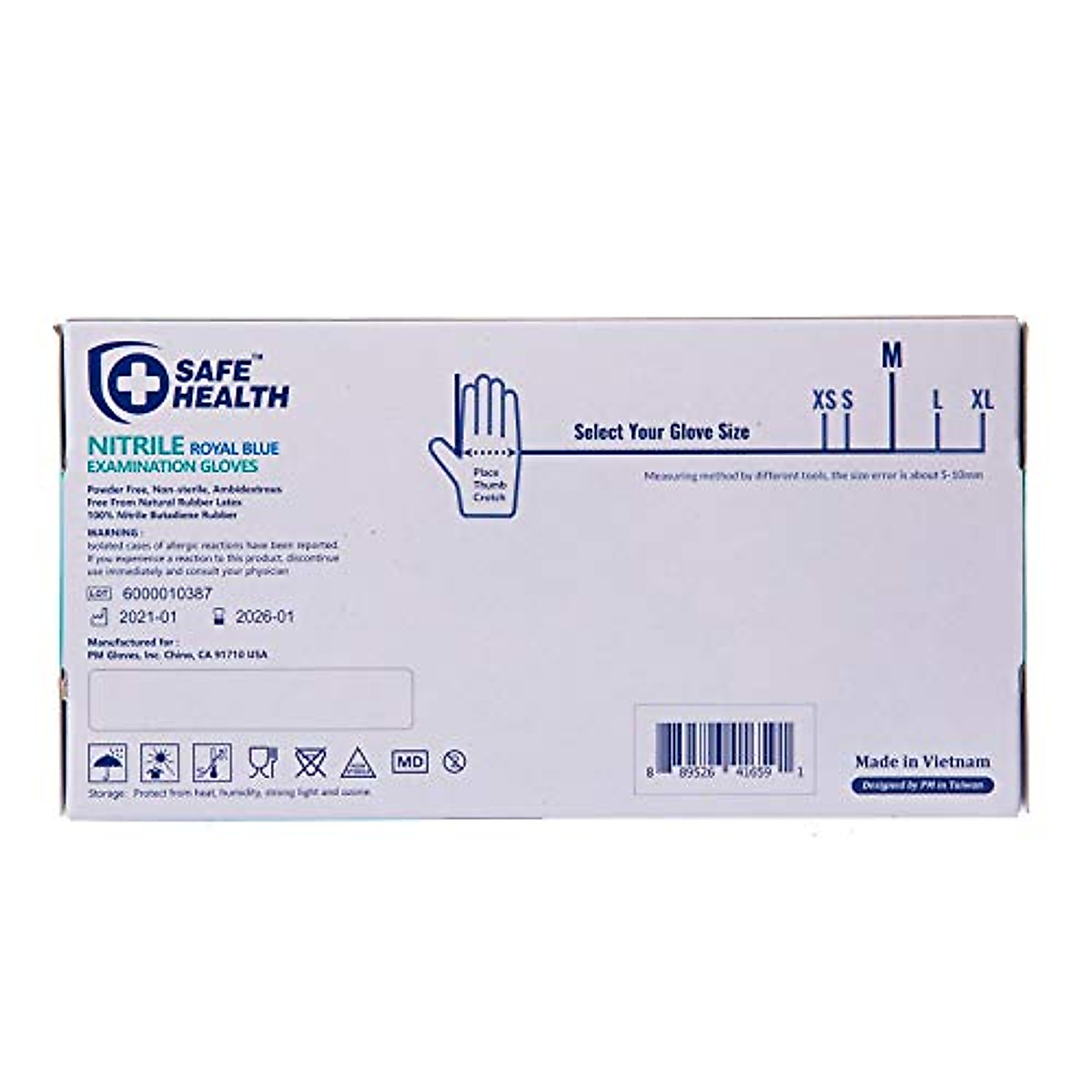 Safe Health Blue Nitrile Exam Gloves, 100-Count S M L XL, 3.5 Mil Free of Powder-Latex, Disposable-Textured, Clinic-Office-Daily, Medical, First-Aid, Clinics, Medium (M) Box 100, FIY1062G