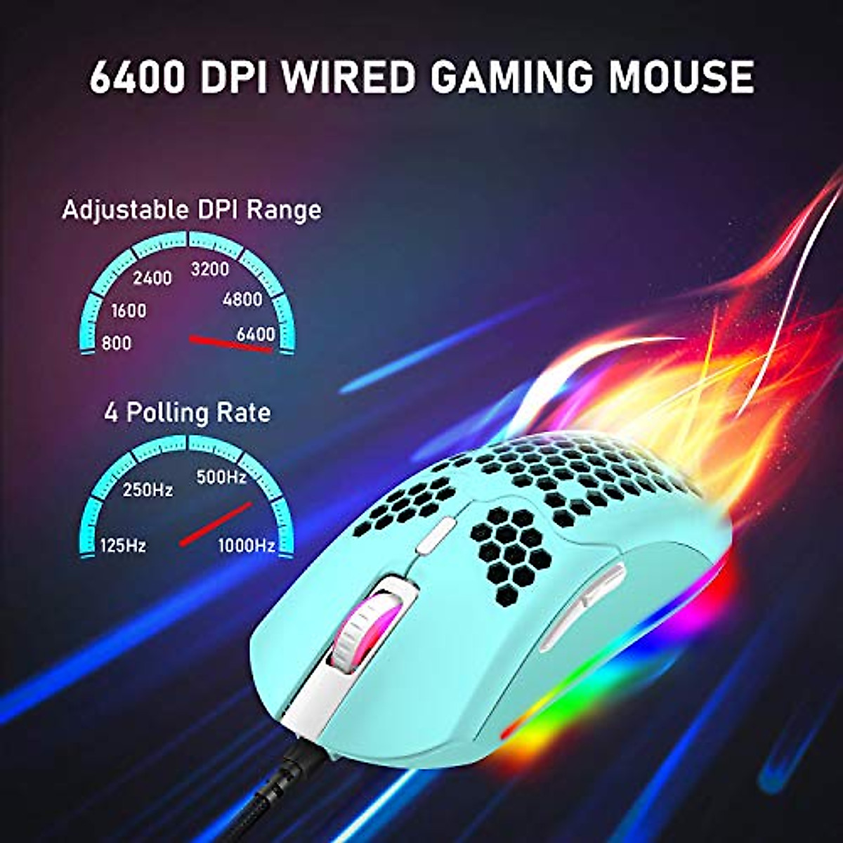 60% Mechanical Gaming Keyboard and Mouse Combo with Mini Ergonomic Anti-ghosting 68Key Multi Backlight 6400DPI Green Honeycomb Mice Type-C Wired for PC Mac Gamer Office Typist(White Blue/Blue Switch)