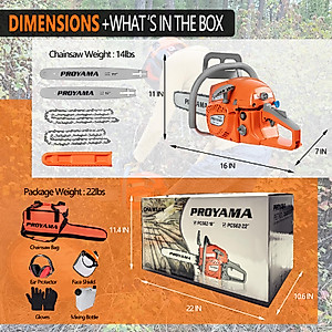PROYAMA 62CC 2-Cycle Gas Powered Chainsaw, 22 Inch 18 Inch Handheld Cordless Petrol Chain Saw for Tree Wood Cutting