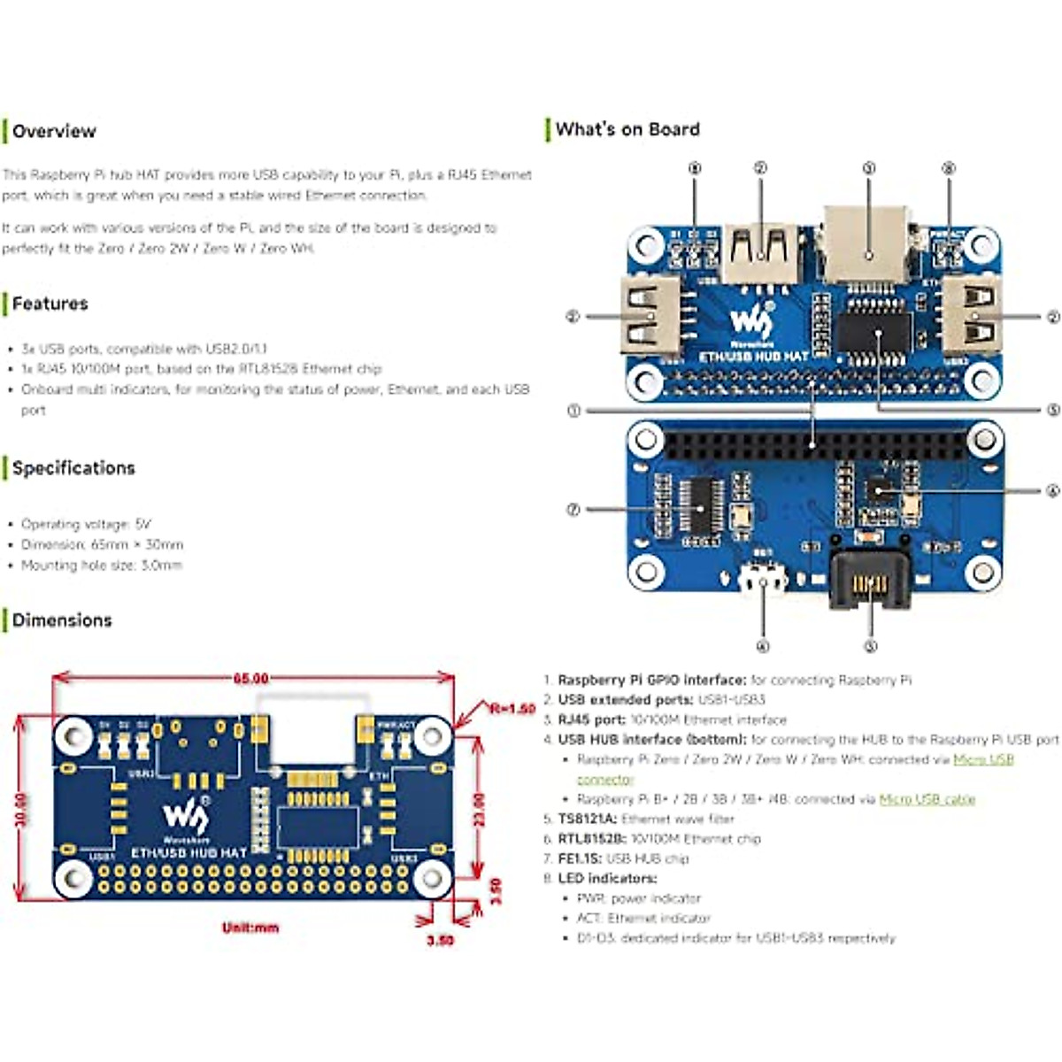 Waveshare Ethernet/USB HUB HAT, Compatible with Raspberry Pi 5/4B/3B/Zero/Zero W/Zero 2W/Pico/Pico W/Pico WH, 1x RJ45 Ethernet Port, 3X USB Ports