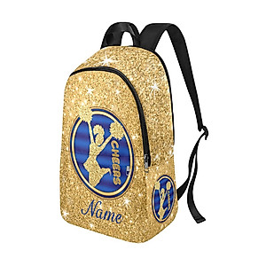 CUXWEOT Personalized Blue and Gold Cheerleader Backpack with Name Custom Travel Daypack Bag for Man Woman Gifts