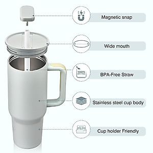 Pawtong 40oz Magnetic Lid Insulated Tumbler with Handle, 360° Rotating & Removable Cover, Leak-Proof Travel Mug with Soft Silicone Straw for Drivers, Commuters, Road Trips, Dishwasher Safe (Grey)