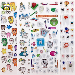 3D Stickers, YOUYA DENTAL Dental Molar Shaped Cartoon Teeth Stickers 12pcs Diffrent Cute Tooth Paper Stickers Plastic Sticker for Dentist Dental Gift Kids Scrapbook (sticker-04)
