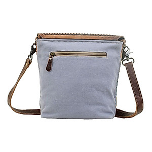 Myra Bag Blue Feather Hand-Tooled Bag Upcycled Cotton & Leather S-3058