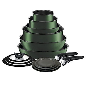 T-fal Ingenio Nonstick Cookware Set 14 Piece Induction Stackable, Detachable Handle, Removable Handle, RV Cookware, Cookware, Pots and Pans, Oven, Broil, Dishwasher Safe, Forest Green