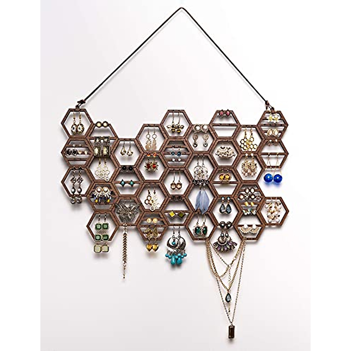 Heesch Hanging Earring Holder Honeycomb Earring Organizer Wall Mount Earring Display Wood Hanging Jewelry Organizer for Stud Earrings, Necklaces (Walnut)