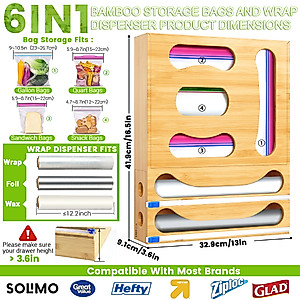 YITOBA Thicker Bag Storage Organizer, Bamboo Baggie Organizer with Aluminum Foil Dispenser, Foil and Plastic Wrap Organizer with Cutter, 6 in 1 Sandwich Bag Organizer for Drawer Kitchen