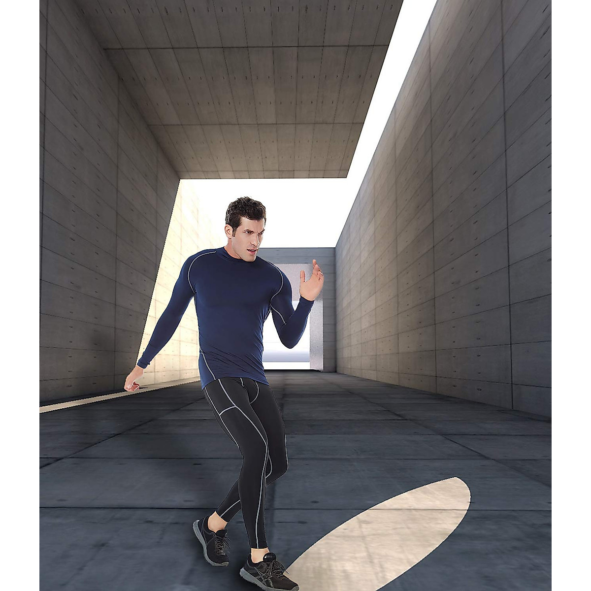 SILKWORLD Men's Compression Workout Pants Cool Dry Running Leggings Baselayer Athletic Tights, Pack of 3_Dark Navy+Black(Blue Double Stripe)+White,Large