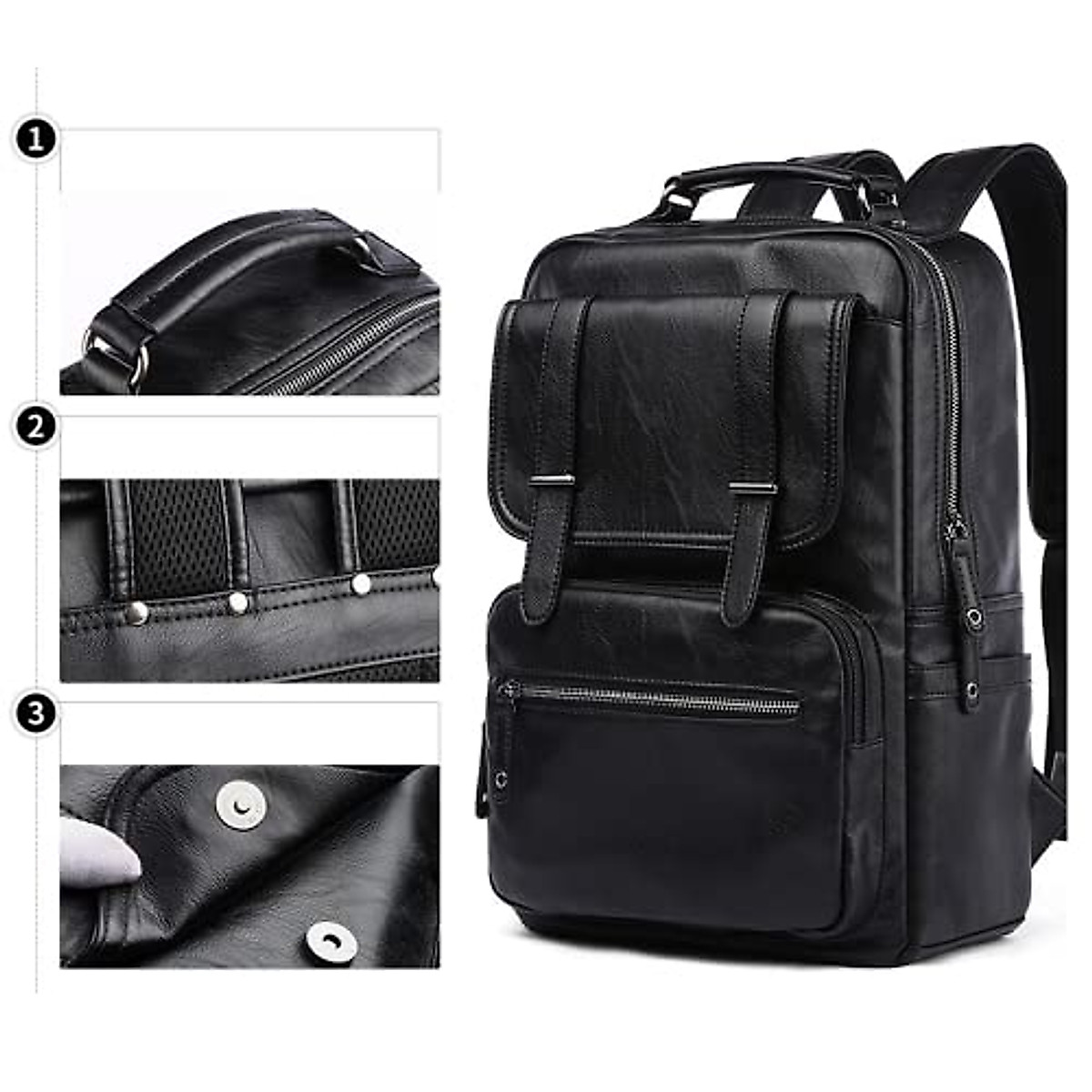 HKZHITOU Laptop Backpack For Men Vintage Leather College Backpack Black Travel Waterproof Bags Fit 16 Inch Notebook