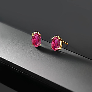 Gem Stone King 2.06 Ct Red Created Ruby G-H Lab Grown Diamond 18K Yellow Gold Plated Silver Earrings