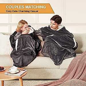 yescool Oversized Wearable Blanket Hoodie, Flannel Sherpa Fleece Blanket Sweatshirt for Adults Women Men, Big Plush Cozy Hooded Blanket with Hood, Pocket & Sleeves, One Size Fits All (Grey)