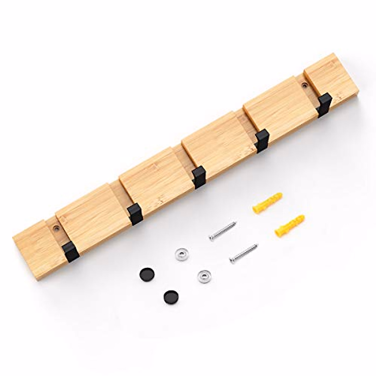 GOGOCOOL Bamboo Wall Mounted Coat Hooks Hanger, 20kg Maximum Bearing, Black Foldable Hook Type, Natural Wall Coat Hanger, 70mm Space Between Hook and Hook(5 Hooks)