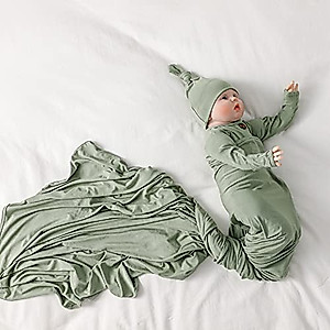 Bayceen Large Rayon Jersey Knitted Swaddle Blanket for Baby, Soft Stretchy Receiving Blanket for Newborns with Hat, Large 47 x 47 inches (Sage)