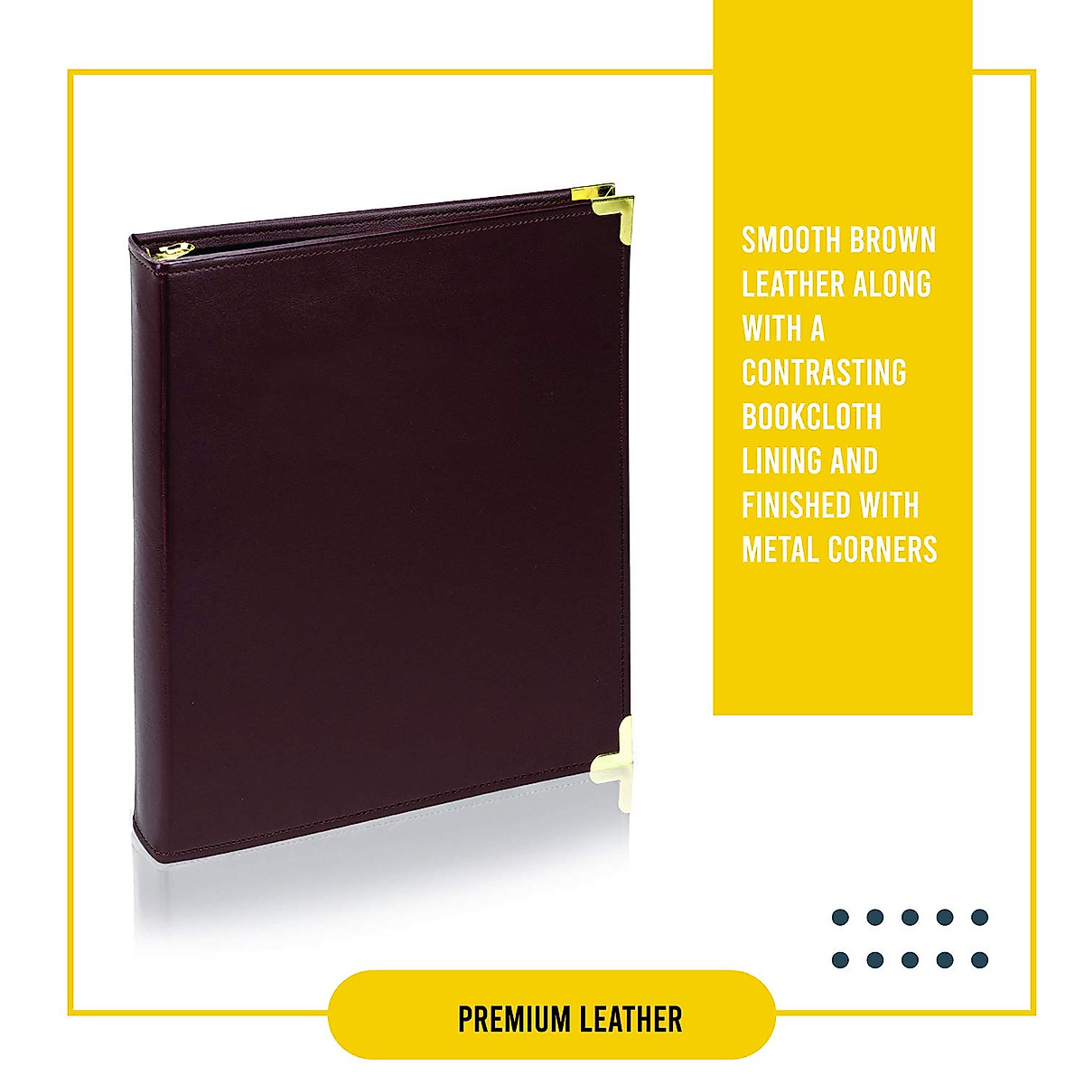 Hemingway Classic Collection Executive Presentation 3 Ring Binder, Round Ring 1 Inch Capacity with Brass Ring Metal and Brass Corners (Brown)