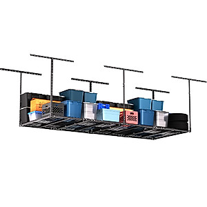 GIOTORENT 3x8FT Overhead Garage Storage Rack, Heavy Duty Metal Garage Ceiling Storage Racks, Adjustable Garage Shelving/Garage Organization/Garage Storage Shelves, 600lbs Weight Capacity, Black