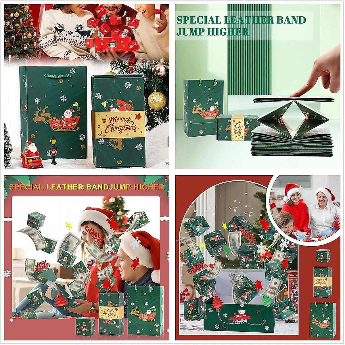 Surprise Box Gift Box for Money, Surprise Gift Box Explosion,Pop Out Money Gift Box,Pop Up Money Box for Cash Gift,Seeroze Surprise Gift Box Christmas,Surprise Gift Box Set (Christmas Elk,12 Pages green)