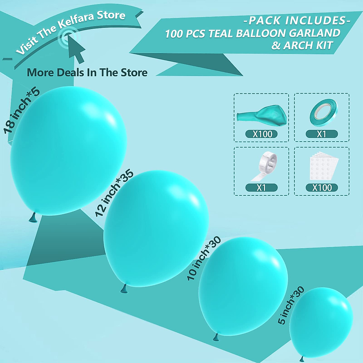 Teal Balloons, Kelfara 100Pcs Party Arch Garland Kit - Different Sizes Latex Balloons (18/12/10/5 Inch) - Turquoise Theme, Birthday, Anniversary, Baby Shower, Graduation, Party Decorations Balloons