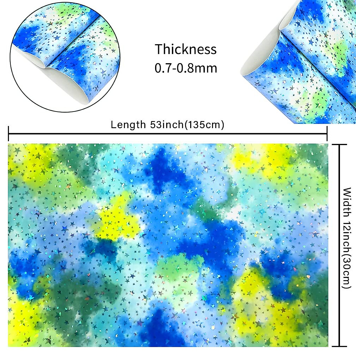 HYANG Holographic Rainbow Smudges Stars PU Faux Leather 1 Roll 12"X53"(30cmX135cm), Faux Leather Very Suitable for Crafts Making Leather Earrings, Bows, Handbag ，Sewing (Type 4)