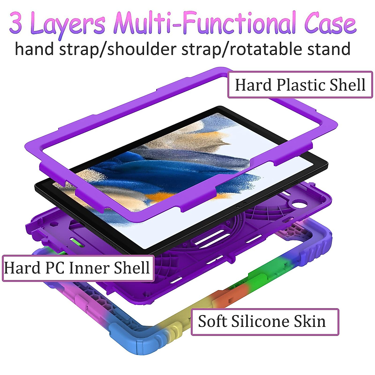 BMOUO Samsung Galaxy Tab A8 Case for 10.5 inch 2022, Shockproof with Swivel Stand and Adjustable Hand Strap, Purple