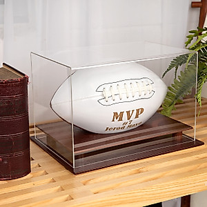 DECOMIL - Football Display Case Holder, Football Case, UV Protection No Assembly Panels, All 4 Sides Visible, Solid Wood Base - Cherry Finish
