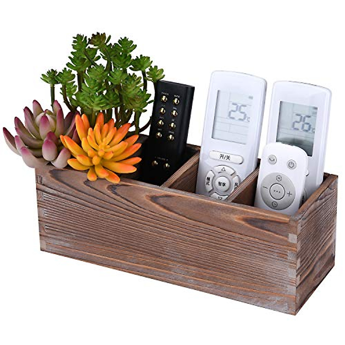 WuGeShop Wood Remote Control Holder 4 Compartments, Rustic Wooden Table TV Remote Caddy, Multi-use Desktop Remote Storage Organizers for Controller, Pencils, Pens, Phones