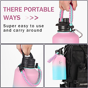 64 oz Insulated Water Bottle, Vacuum Stainless Steel Water Bottle with Straw Lids and Spout Lids, Paracord Handle,Thermo Mug Water Flask for Sports Outdoor Gym