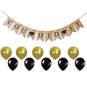 YOU DID IT Graduation Banner - Grad Party Supplies and Decorations - Gold and Black Balloons - Ready to Hang Graduation Burlap Banner by Jolly Jon