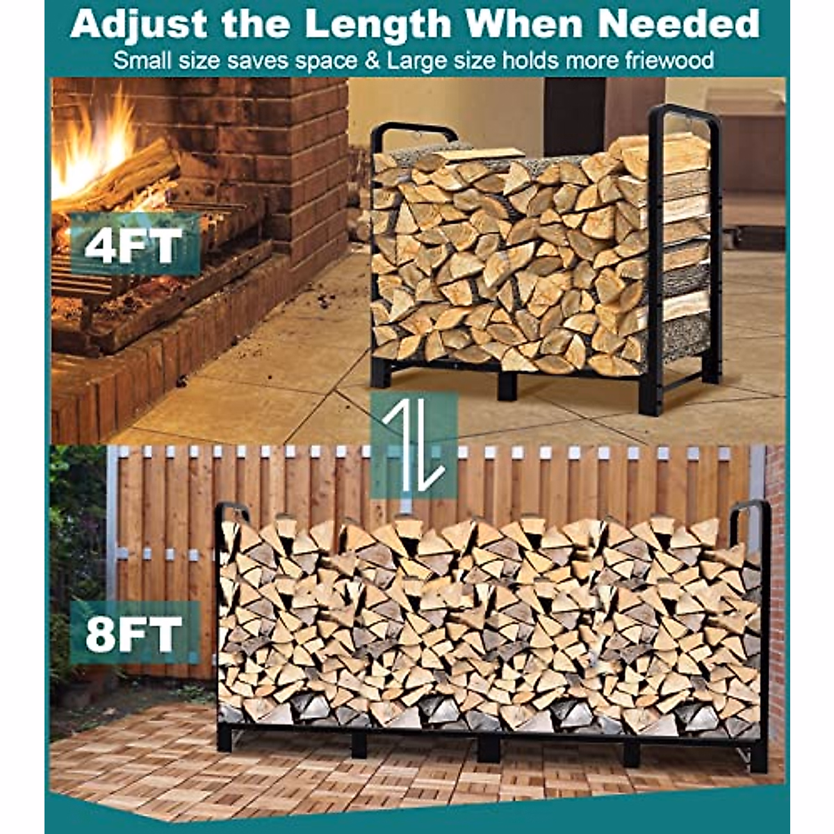 Fandature 8Ft Firewood Rack Adjustable Fireplace Wood Holder For Outdoor Indoor Storage Log-Heavy Duty Fire Log Lumber Stand Stacker, Black