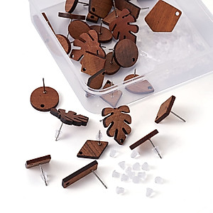 Pandahall 16 Pairs Wood Stud Earring Findings with Hole Flat Round Oval Teardrop Rhombus Wood Stud Earring with Ear Nuts for DIY Wooden Earrings Making