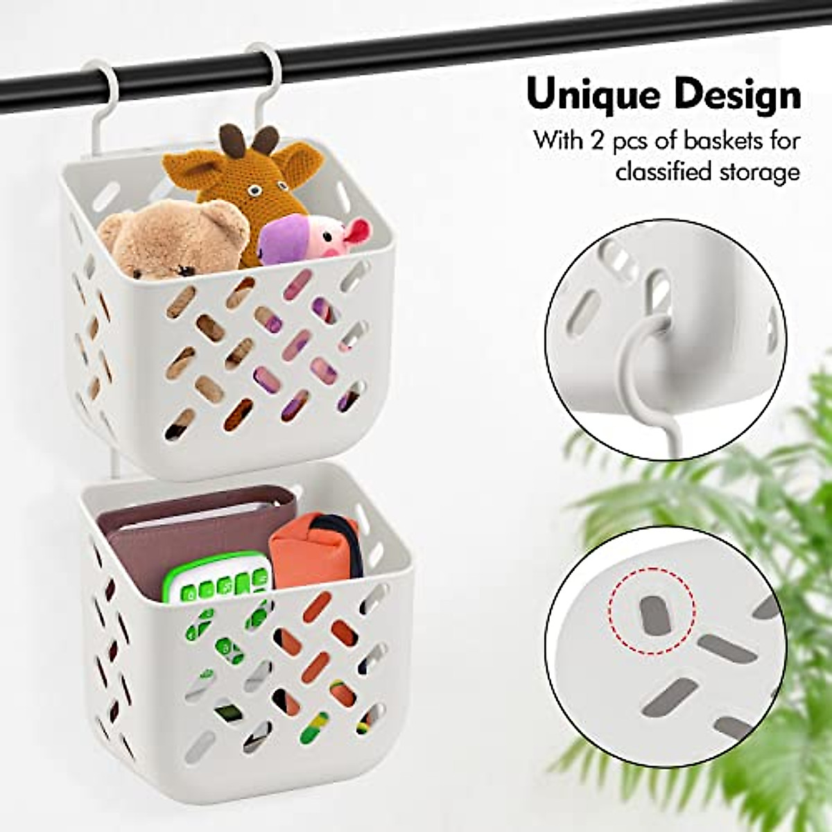 Lunmore Plastic Hanging Shower Caddy Basket, Bathroom Organizing Basket with Hook, Bedside Organizer for Bathroom, Kitchen, Dorm Room (2 Pcs, White-Gray)