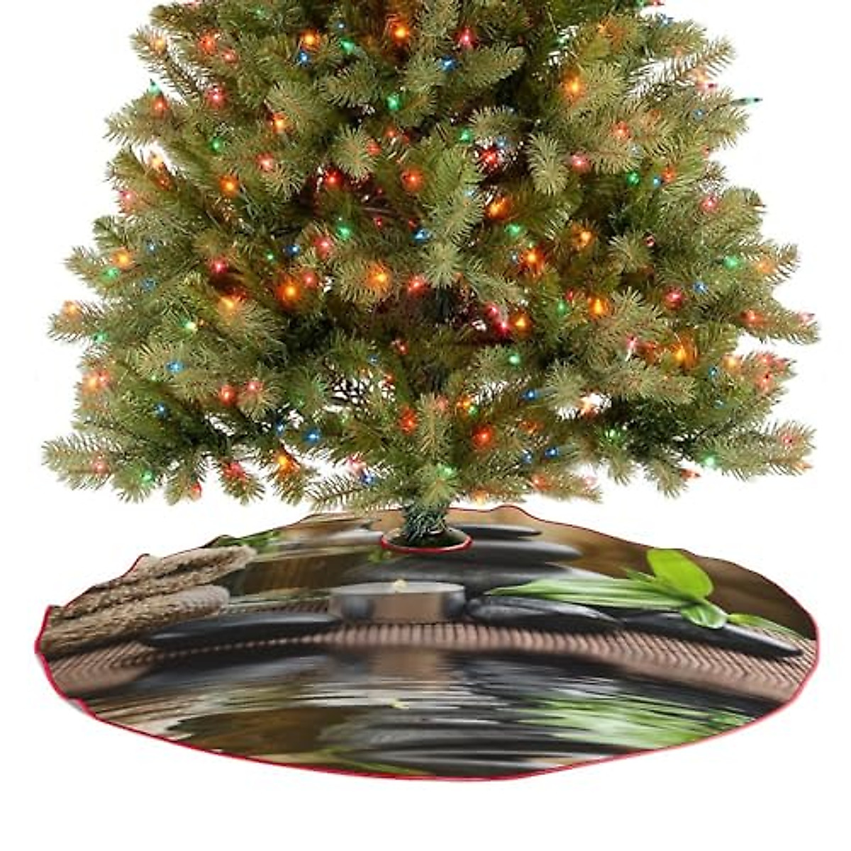 Zen Basalt Stones On Wood Christmas Tree Skirt 30"x30", Large Xmas Tree Skirt Fabric, Washable Tree Skirt Waterproof, Classic Santa Tree Skirt Decorations for Real Tree, Home, Outdoor, Holiday Party