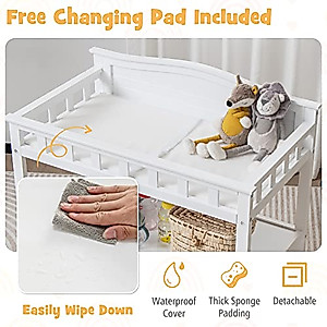 Costzon Baby Changing Table, Infant Diaper Changing Station w/Waterproof Changing Pad, Safety Strap, Storage Shelves, Mobile Nursery Organizer for Newborn, Portable Changing Table with Wheels (White)