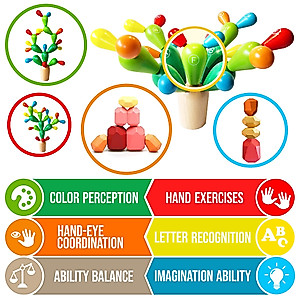 38 PCs Wooden Stacking Stones & Wooden Cactus Toy for Fine Motor Cactus Game, Balancing Cactus Toy is Made for Toddler and Kids with Easy Storage Bag, Educational Stacking Tree and Rock Stocking
