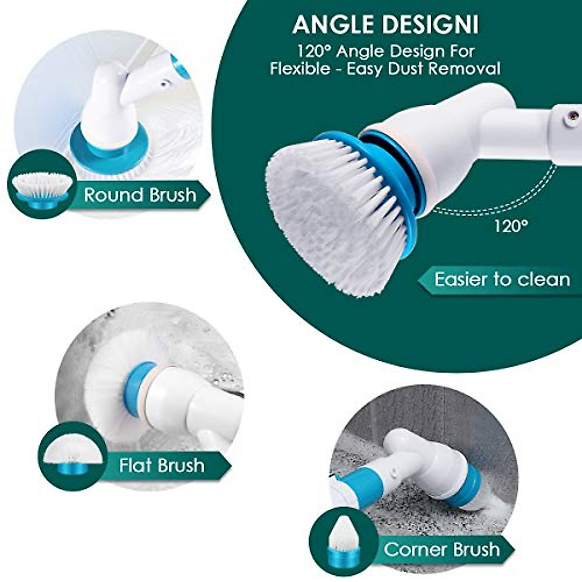 Rechargeable Electric Spin Scrubber - 5 Replaceable Cleaning Brush Heads, Cordless Shower Cleaning Brush with Long Extension Arm, Bathroom Scrubber Power Spin Scrubber for Grout Sink Tub Tile Floor