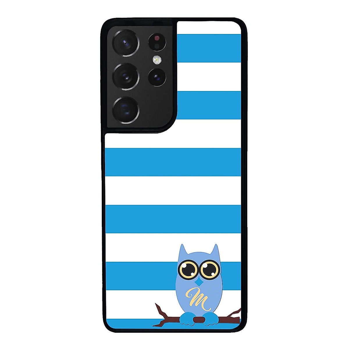 Blue and White Bars Owl Personalized Initial Phone Case Compatible With Samsung Galaxy S25 S25+ S25 Ultra S24 S24+ S24 Ultra S24FE, S23 FE S23+ Ultra S22 S22+ Ultra
