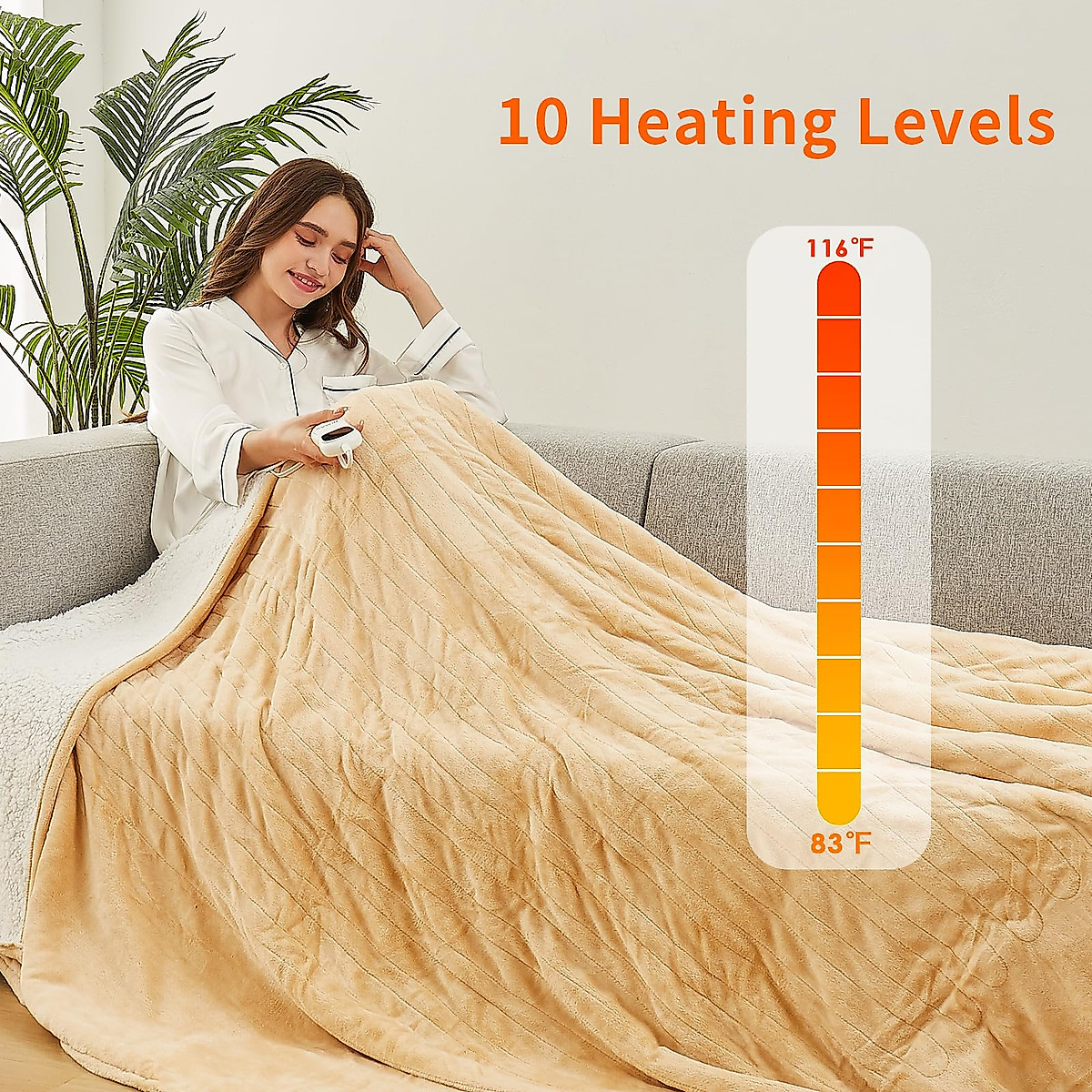 Homemate Heated Electric Blanket Queen Size - 84"x90" Heating Bed Blanket Throw with 10 Heating Levels 8 Hours Auto Off Fast Heating Over-Heat Protection Ultra Soft Flannel ETL Certified, Beige