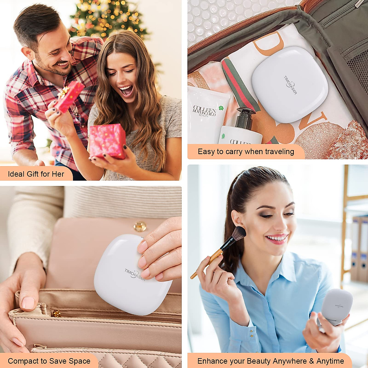 TIMCHASER Magnifying Travel Makeup Mirror, 1X/10X Magnification Compact Mirror, Dimmable 2-Sided Illuminated Folding Mirror, USB Rechargeable, Portable for Handbag, Purse, Pocket