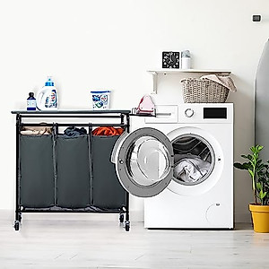 ALIMORDEN 3 laundry basket sorter with foldable ironing board,Removable Bag 3 laundry basket sorter with wheels Dark Grey
