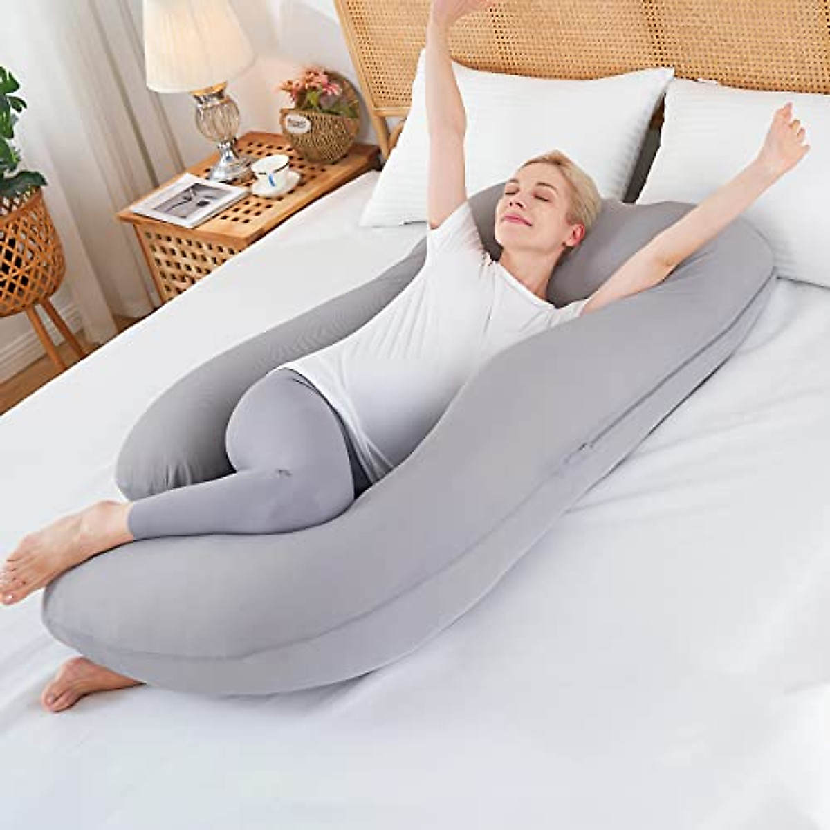 Sasttie Cooling Pregnancy Pillows for Sleeping, Maternity Pillow for Pregnant Women, 59'' U Shaped Pregnant Pillow with Removable Cooling Cover, Pregnancy Must Haves, Light Grey