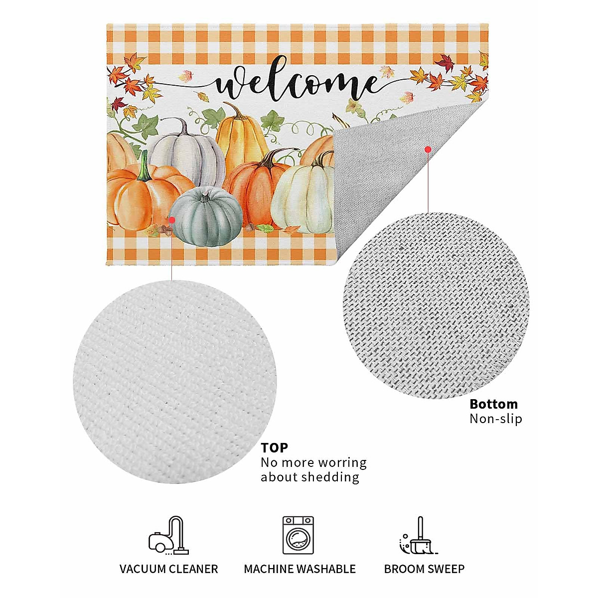 Thanksgiving Front Door Mat Outside Entrance, Harvest Pumpkin Maple Leaf Outdoor Indoor Door Mats for Entryway, Low Profile White and Orange Buffalo Plaid Funny Welcome Mat Entry Doormats 24x36 in