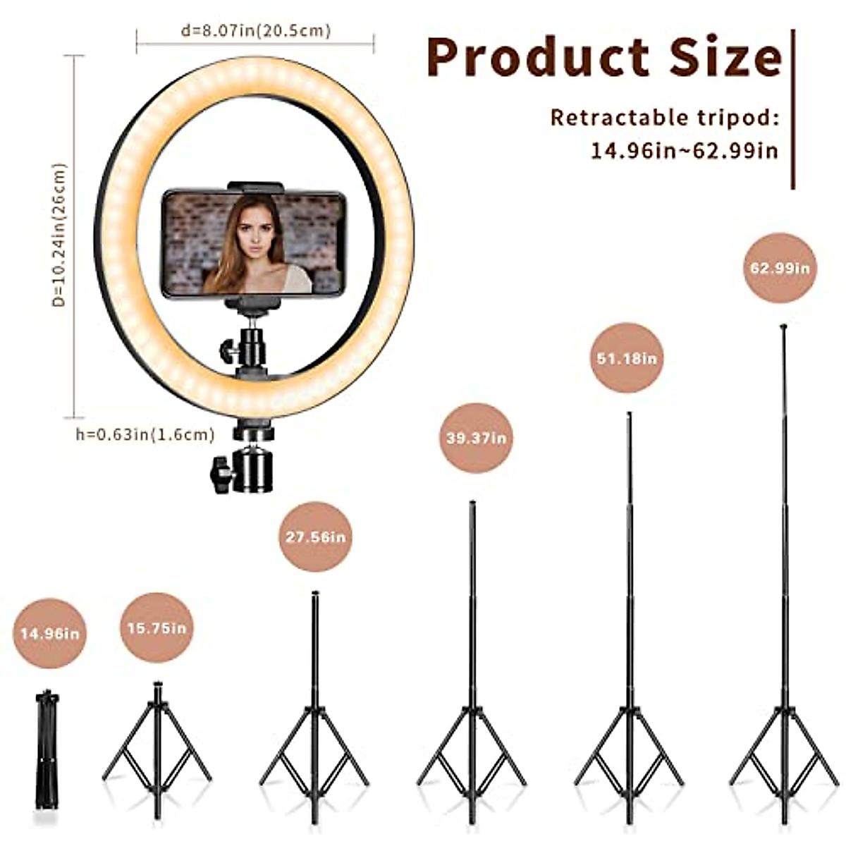 Ring Light 10" with 67" Extended Tripod Stand & Phone Holder for YouTube Video, Camera Led Ring Light for Streaming, Makeup, Selfie Photography Compatible with iPhone Android