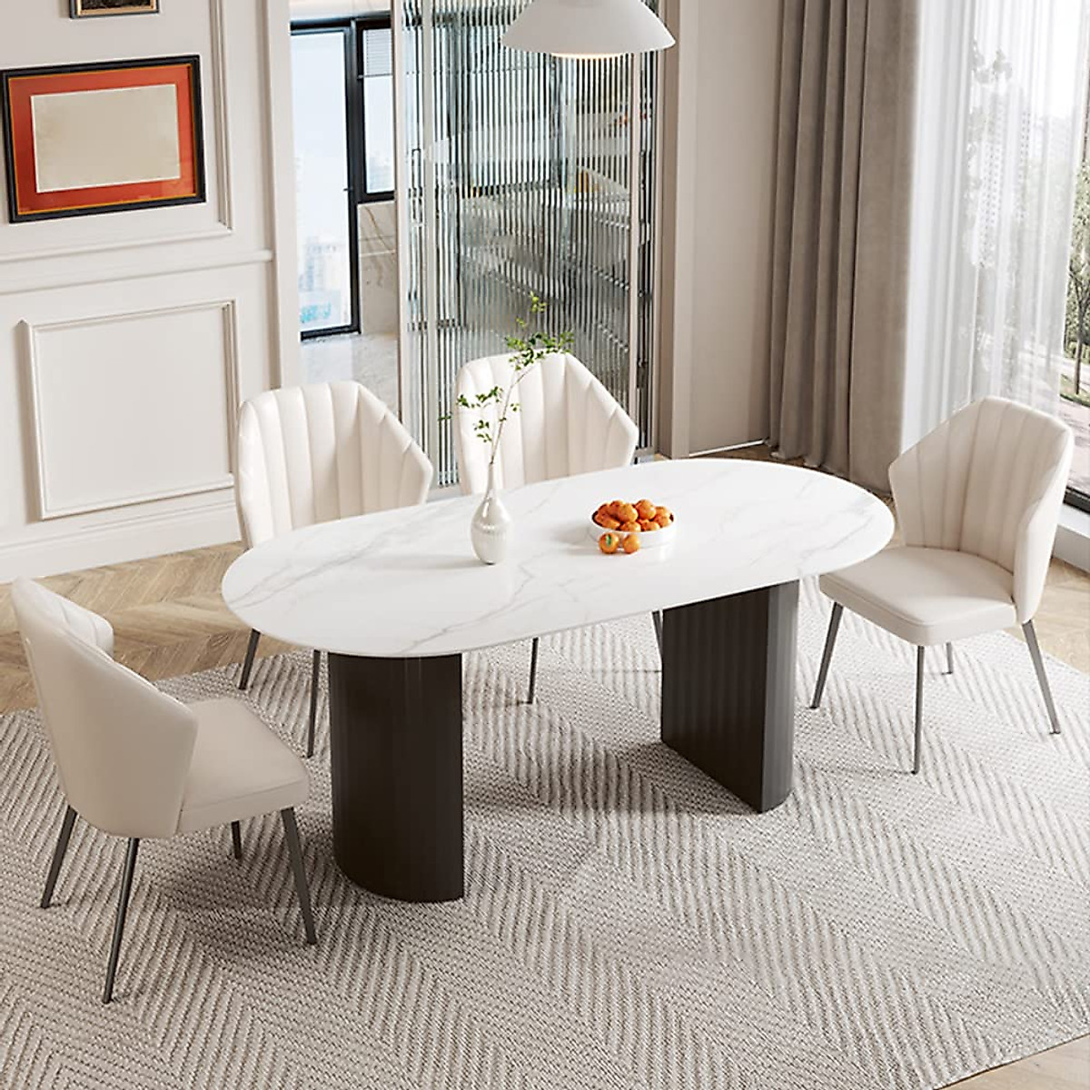 LITFAD Modern Oval Dining Table - 51.2" L x 31.5" W x 29.5" H, Slate Top, Restaurant Table, Double Pedestal, No Chairs Included