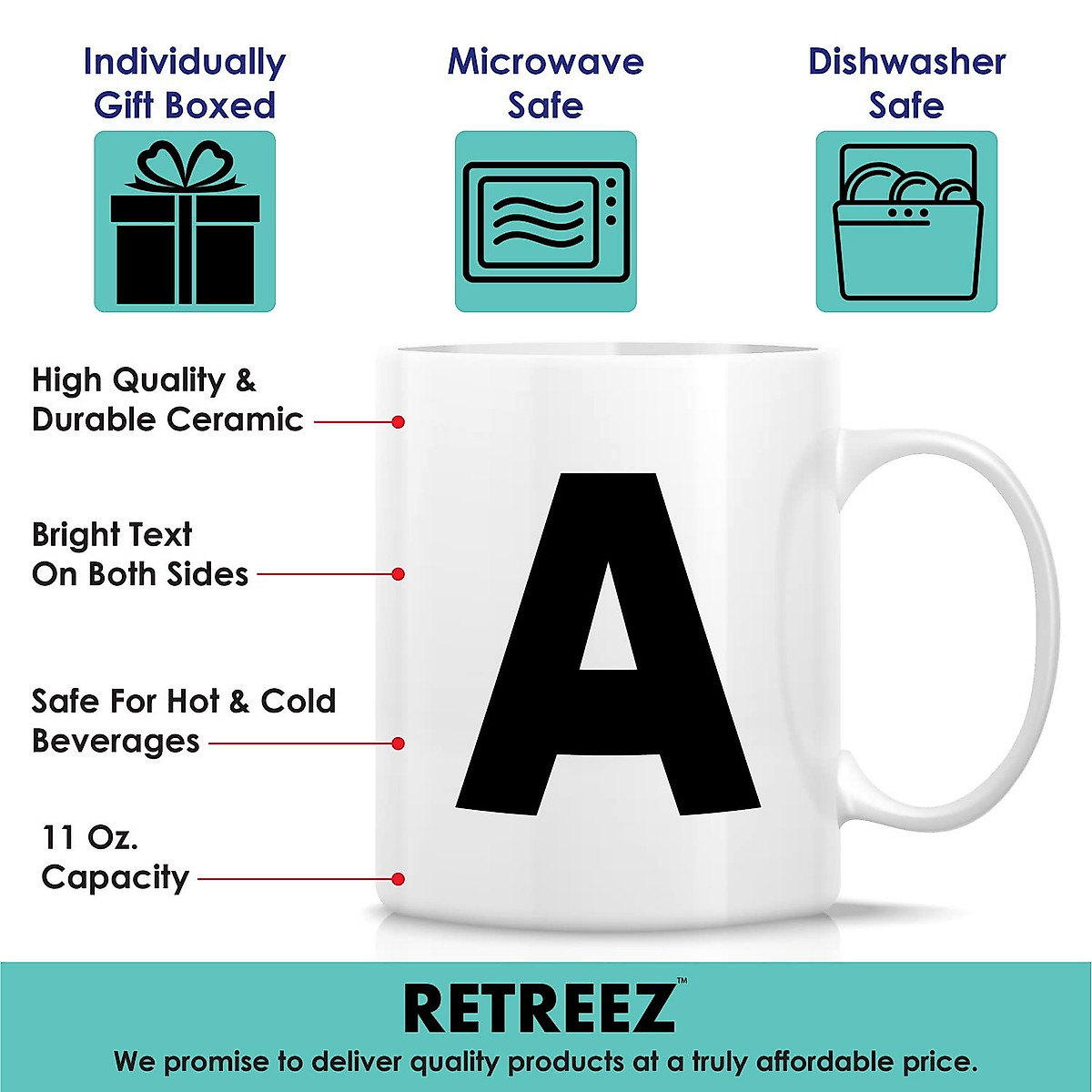 Retreez Initial A-Z Alphabet Monogrammed Monogram Mug 11 Oz Ceramic Tea Coffee Mugs - Graduation Appreciation Thank You Holiday Birthday Gifts for her friend coworker mother father sister - A Initial