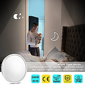 12 Inch 24W Dimmable LED Flush Mount Ceiling Light Fixture with Remote Control, 2800K-6500K Color Changeable, 10%-100% Brightness Adjustable, Flat Modern Round Ceiling Lamp Lights for Bedrooms.etc.