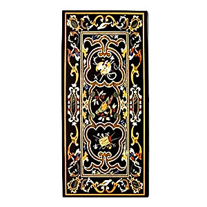 48" X 30" Inch Natural Black Marble Dining Table Pietra Dura Floral Marquetry Patio Table, Outdoor Furniture Table, Italian Style Table