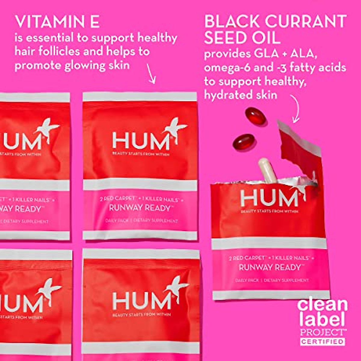 HUM Runway Ready Set - Support for Strong Hair, Skin and Nails - Vitamin Pack Blend of Vegan Biotin, Black Currant Seed Oil & Sunflower Seed Oil - Healthy Hair, Nails & Skin Vitamins (30 Day Supply)