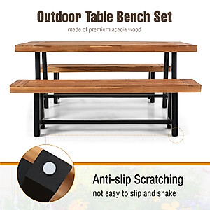 MFSTUDIO 3 Pieces Outdoor Patio Dining Set,Acacia Wood Table Bench Furniture Set with 1 Rectangular Picnic Wooden Table and 2 Benches for Backyard, Garden, Lawn-Teak Color