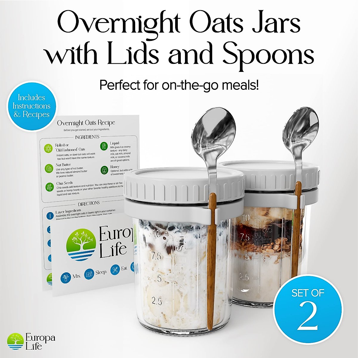Overnight Oats Containers With Lid And Spoons | Mason Jars For Overnight Oats, Milk, Cereal| Small Containers with Lids | 10 OZ Each | Oatmeal Container | Includes Instructions & Recipes (Grey & Grey)